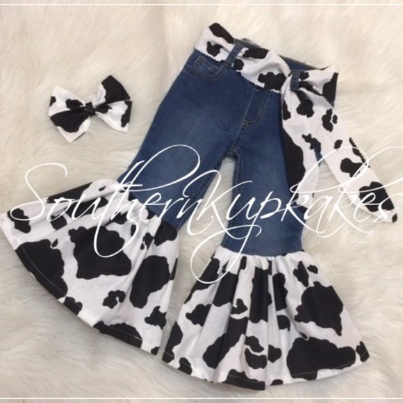 Bottoms | Girls Super Trendy Cow Print Flare Ruffle Jeans New | Poshmark